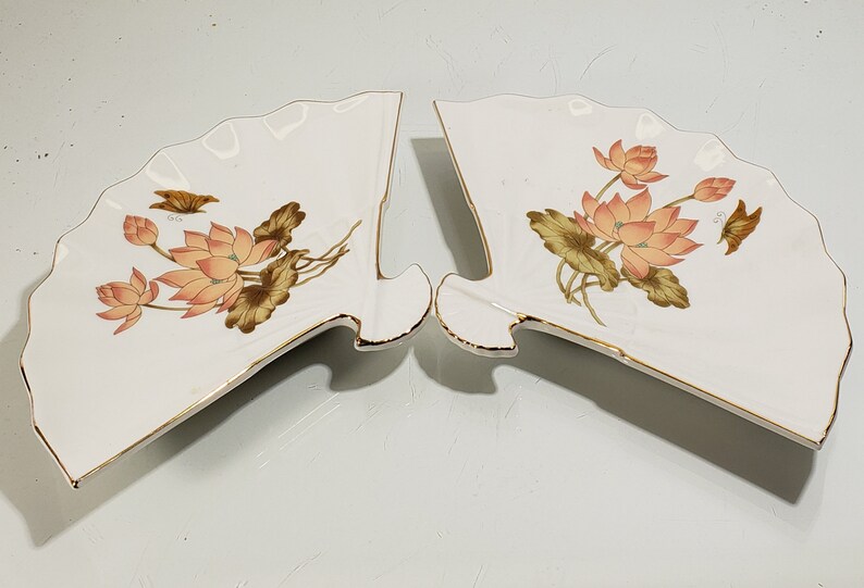 2 Vintage Japan Porcelain Fan Tray/trinket Dish Lotus With Butterfly - Etsy