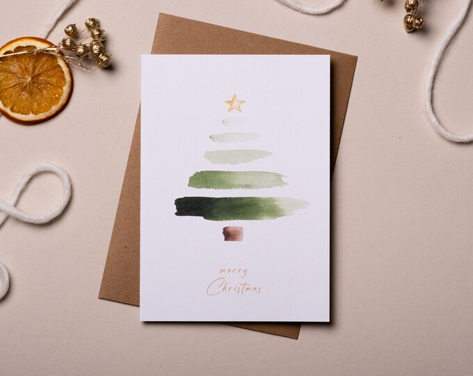 Weihnachtskarte Klappkarte Aquarellmotiv Abstrakte Tanne DIN A6 mit Kraftpapier Kuvert, auf ...