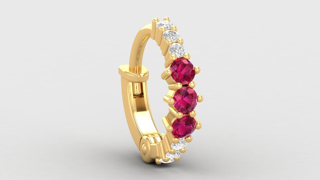 14K Gold Diamond & Ruby Nose Ring: Hoop Piercing. - Etsy
