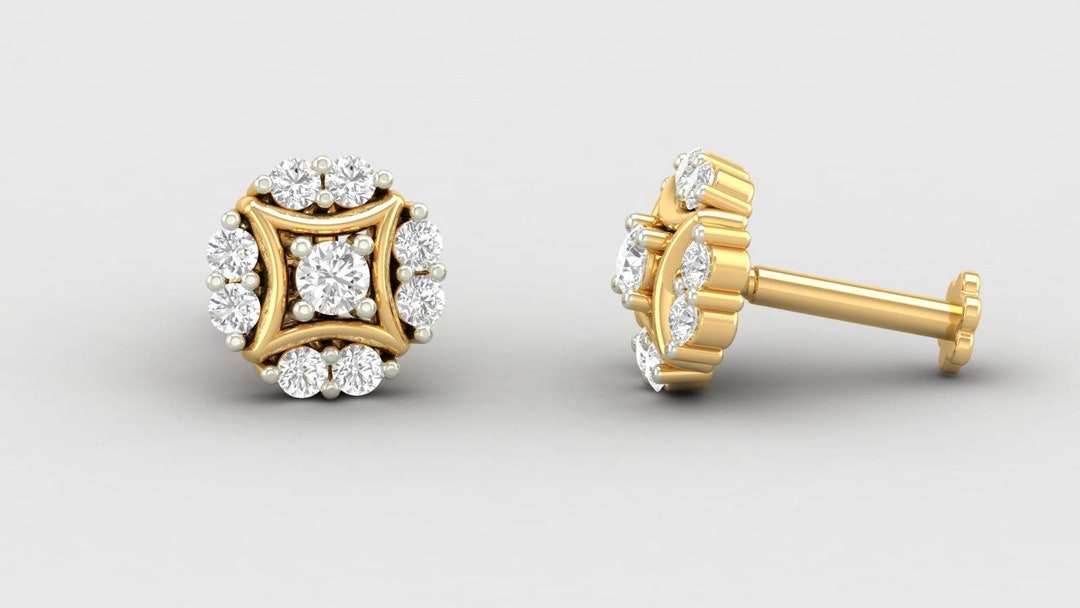 18k Yellow Gold Nose Ring, Nose Pin, Round Diamond Stud Nose Pin, Nose ...