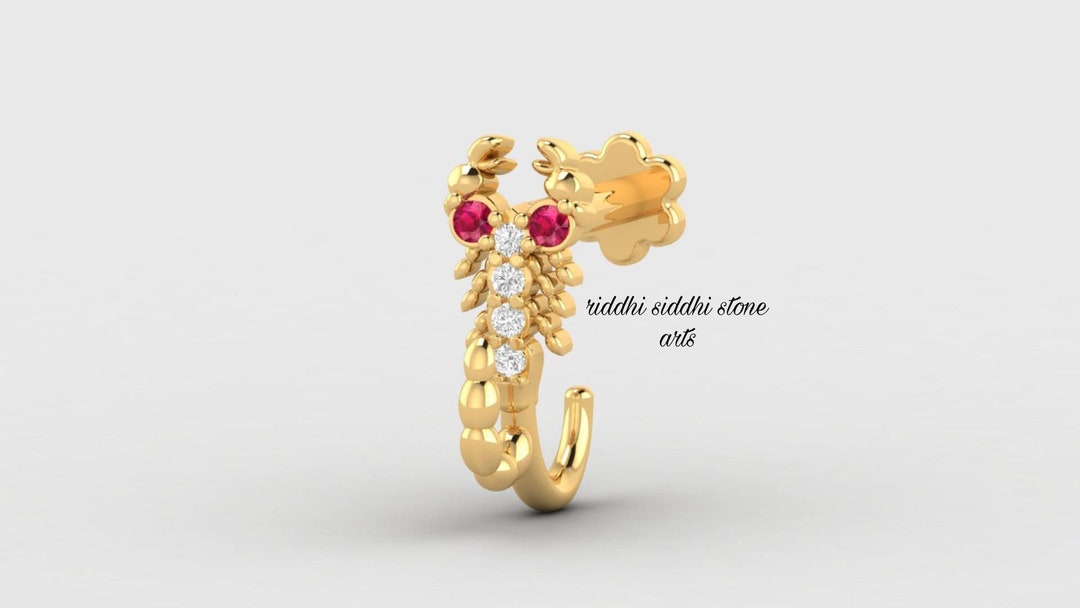 14K Yellow Gold Scorpion Nose Pin, Nose Pin, Round Diamond Stud Nose ...