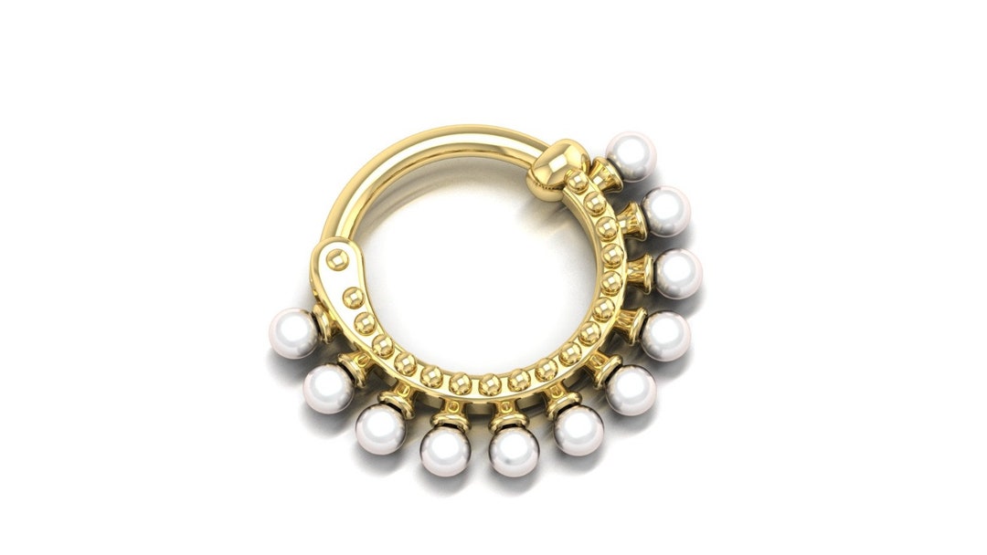 14K Yellow Gold Pearl Nose Septum Ring,nose Ring, Round Pearl With Gold ...