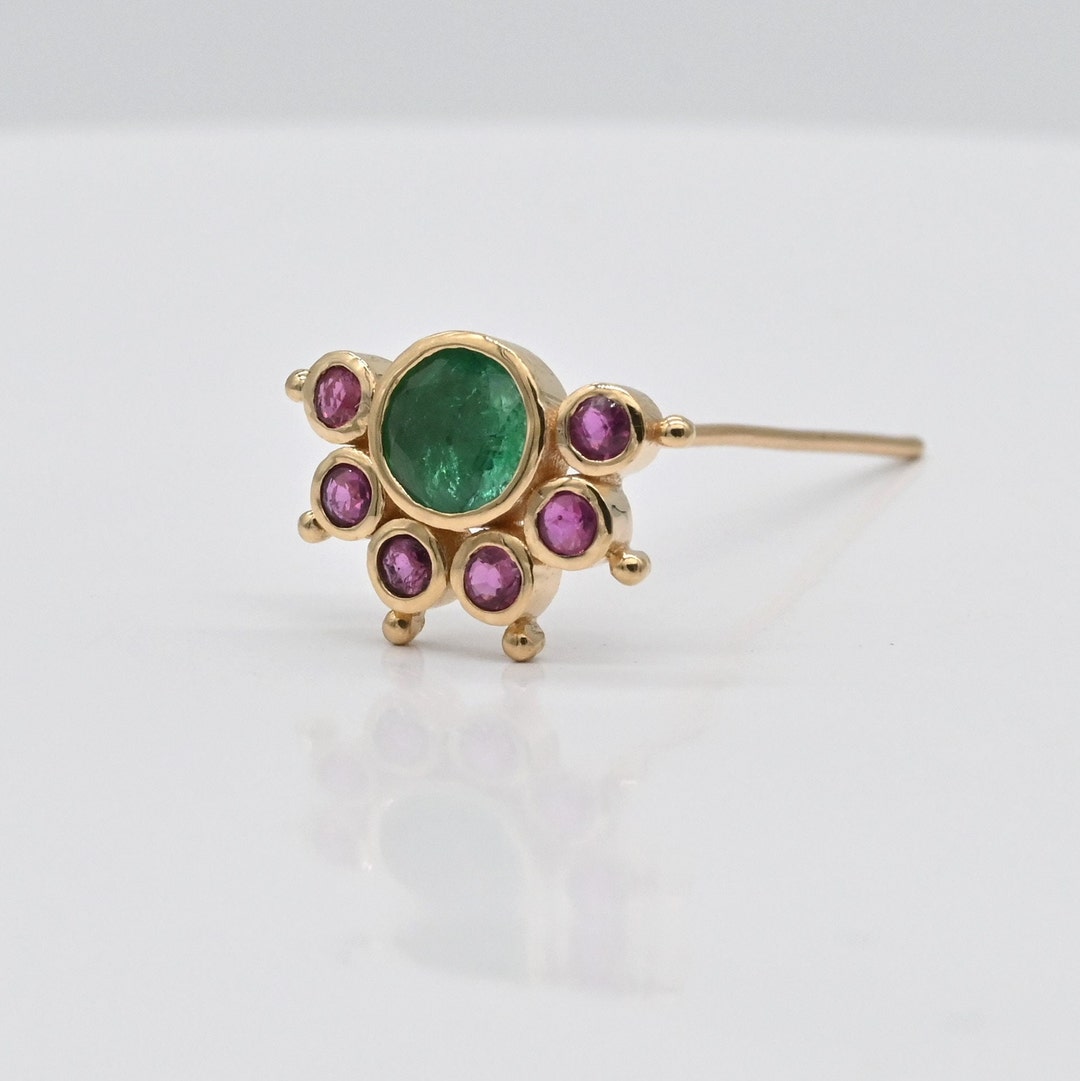 Emerald & Ruby 14K Gold Nose Pin Natural Gemstone Stud. - Etsy