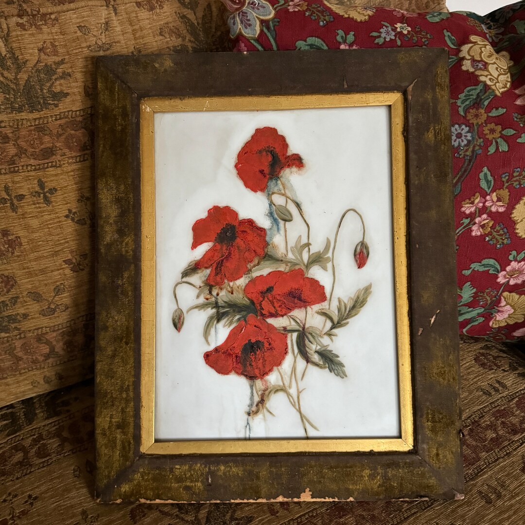 Victorian Milk Glass Poppies Painting Velvet Tatty Frame Gorgeous Ref ...
