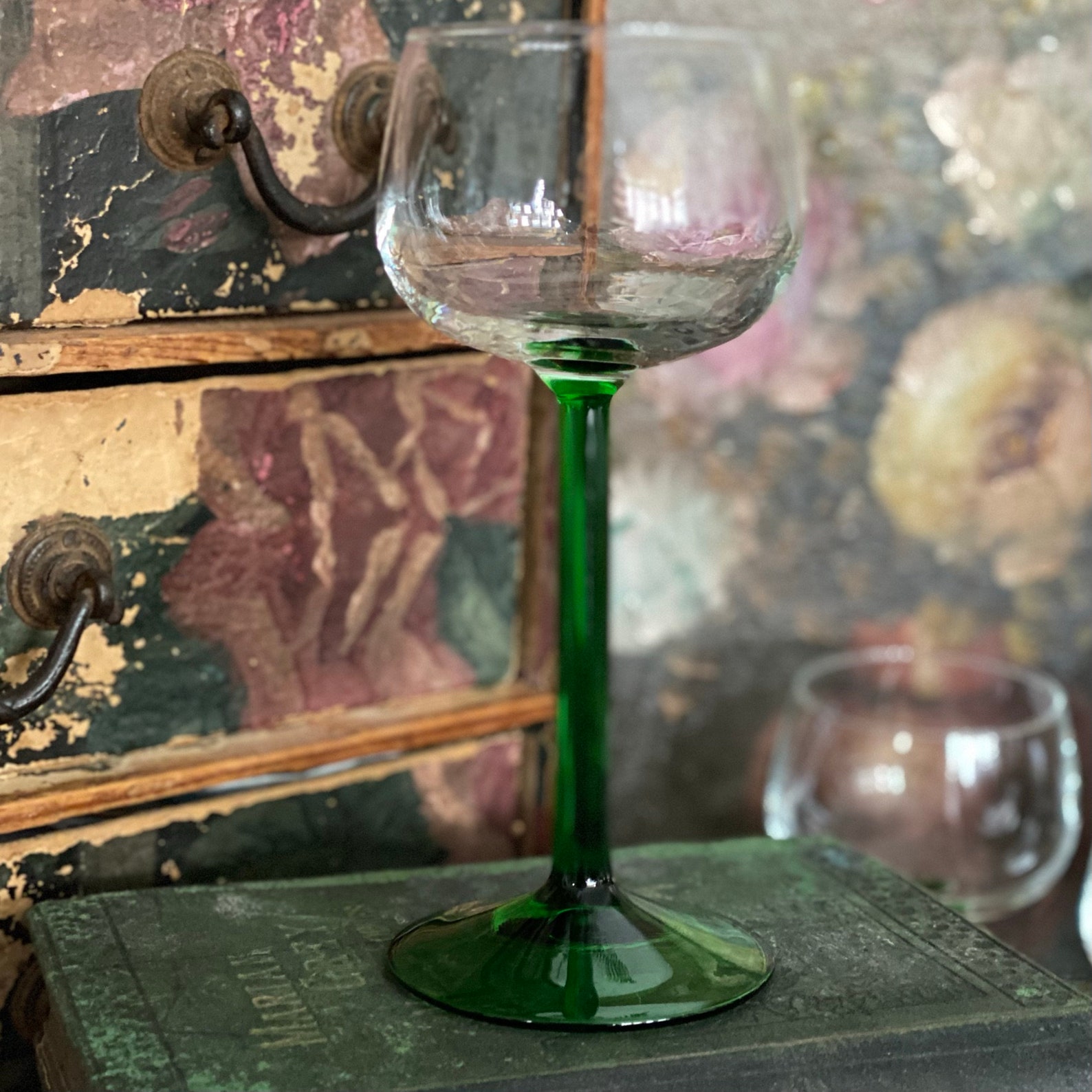 Vintage Pair of Hock Wine Glasses Green Stem Luminarc Retro | Etsy