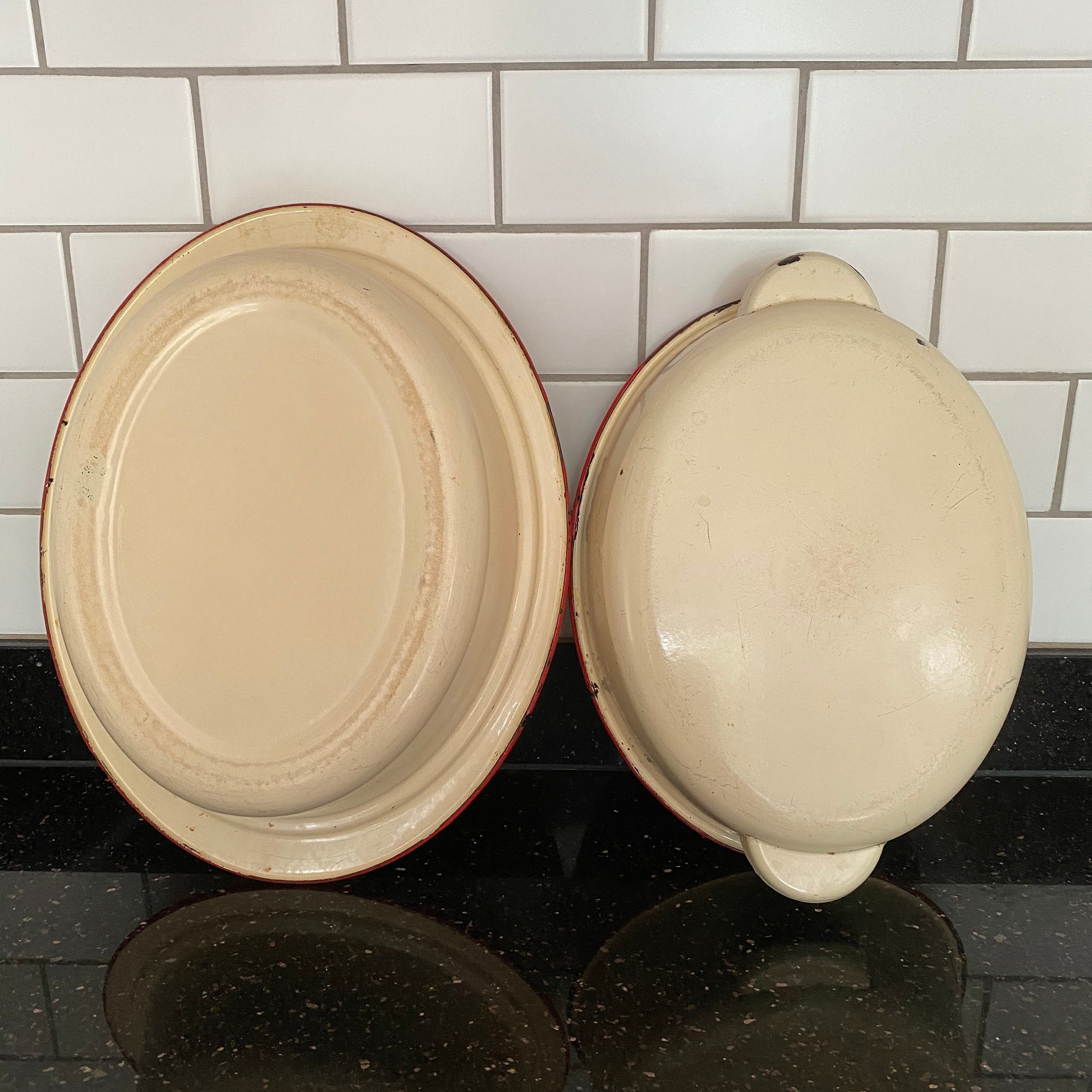 Vintage Enamel Roasting Tin With Lid Cream Red Trim | Etsy