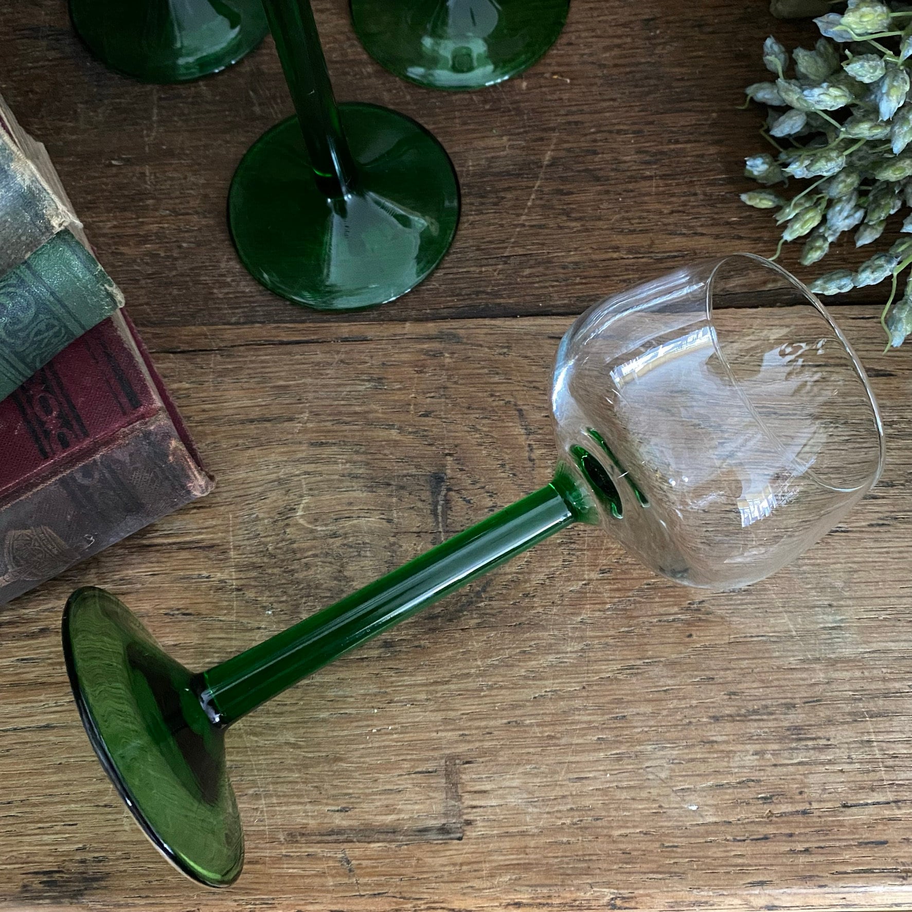 Vintage Pair of Hock Wine Glasses Green Stem Luminarc Retro | Etsy