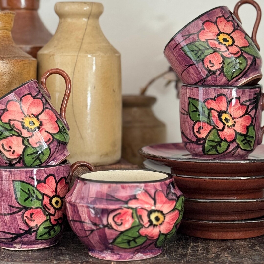 Vintage Devon Pottery Espresso Cups and Sugar Bowl Hand Painted ...