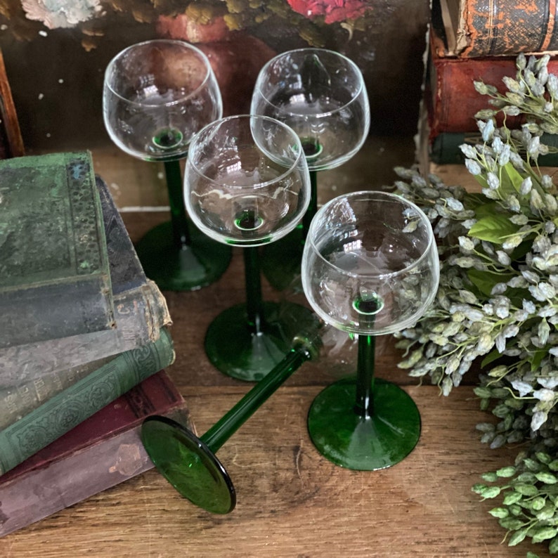 Vintage Pair of Hock Wine Glasses Green Stem Luminarc Retro | Etsy
