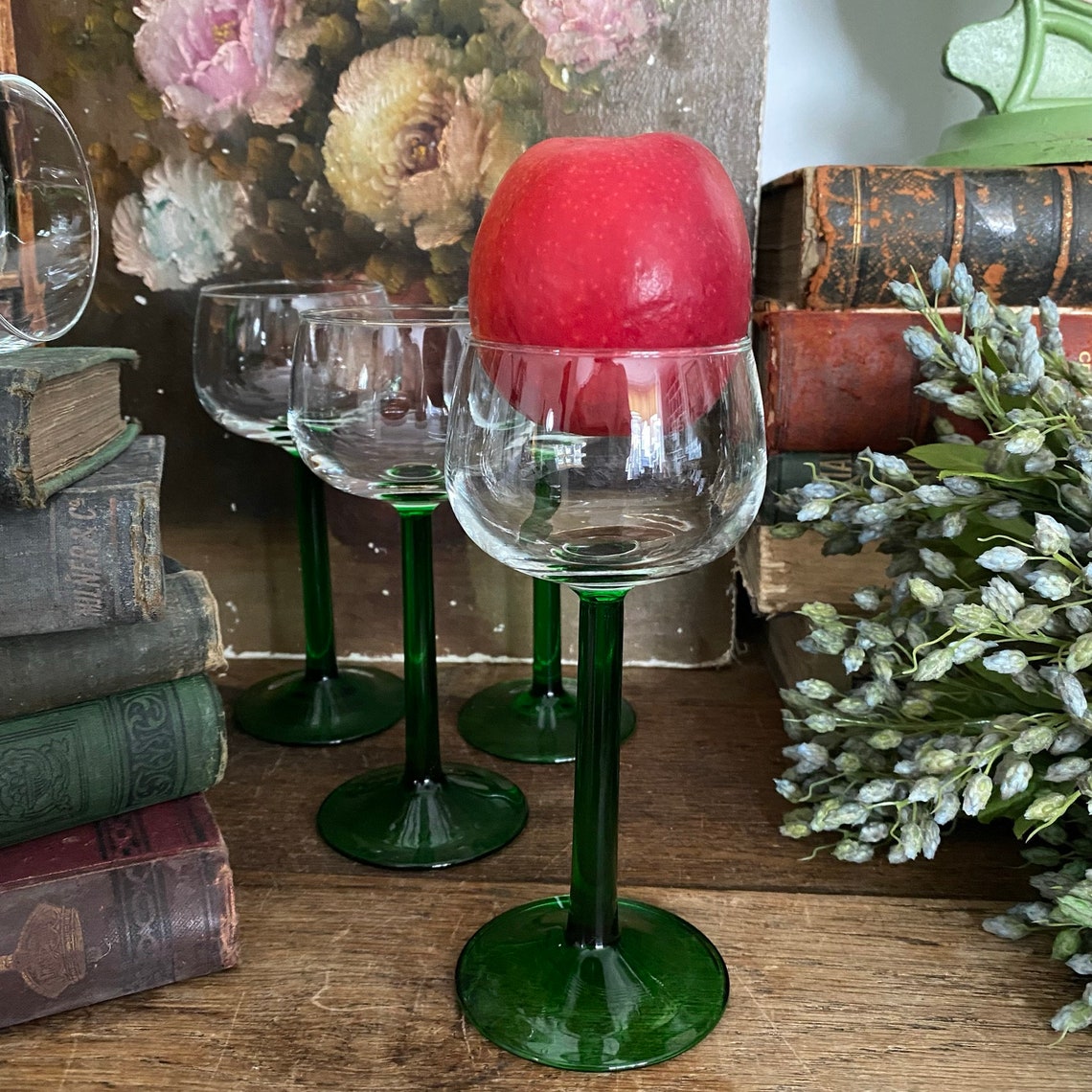 Vintage Pair of Hock Wine Glasses Green Stem Luminarc Retro | Etsy