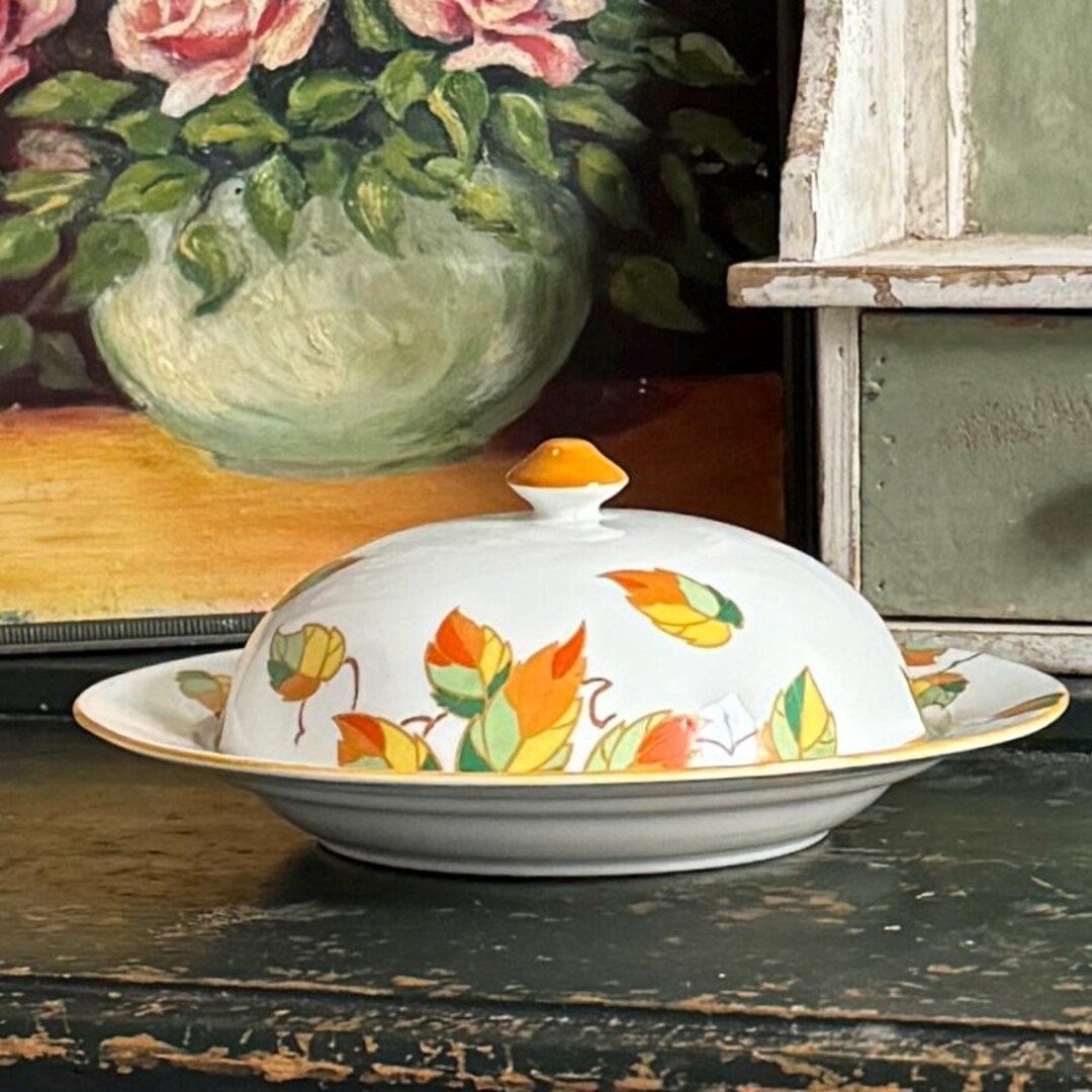 Vintage Foley 1930s Fine China Muffin Cloche Fallen Leaves Pattern Ref ...