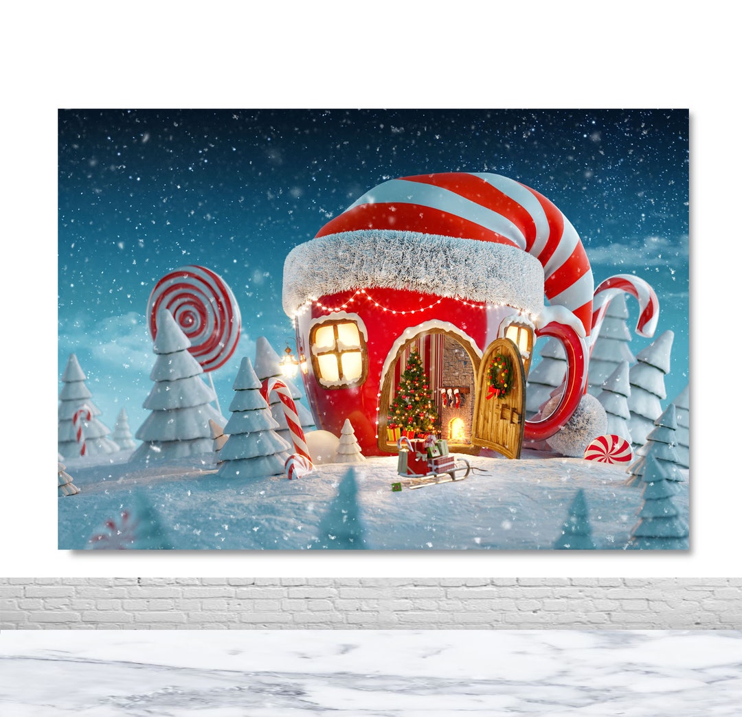 Christmas Photography Backdrop Santa's House Elf Hat Winter Snow Scene ...