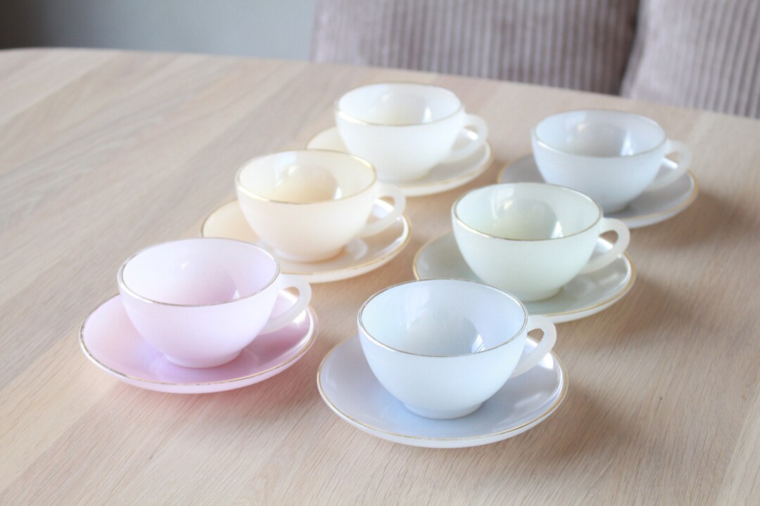 Vintage Arcopal France Harlequin Cups & Saucers in Pastel Opalescent ...