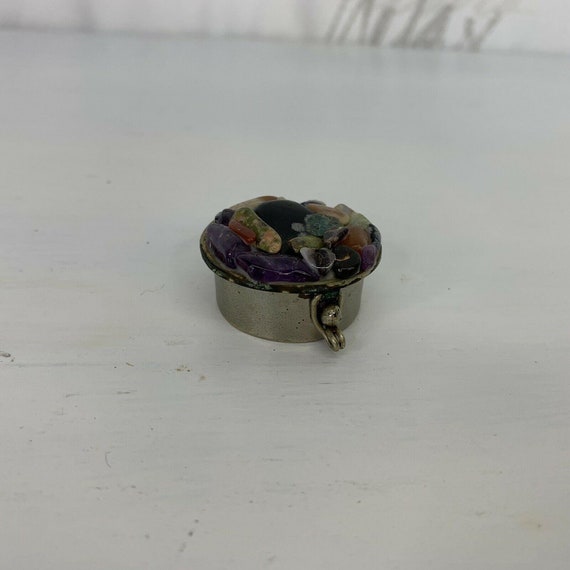 Vintage Silver Hinged Trinket Pill Box Gemstone Mexic… - Gem
