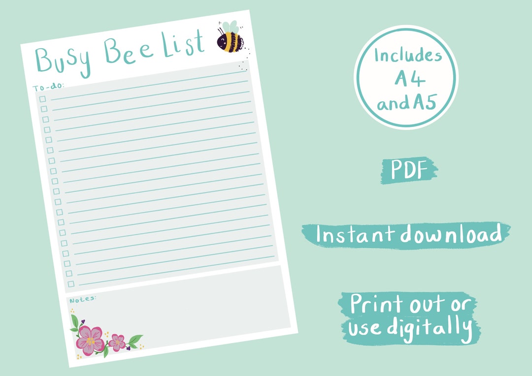 Bee to Do List, A4, A5 ,digital Download ,PDF, Printable - Etsy