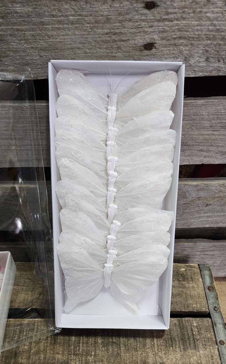 12 Large Feather White Glitter Butterflies 5" - Vibrant Butterfly ...