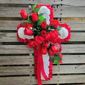 Funeral Cross Arrangement With Red Rose Spray~ Cemetary Arrangement - Etsy