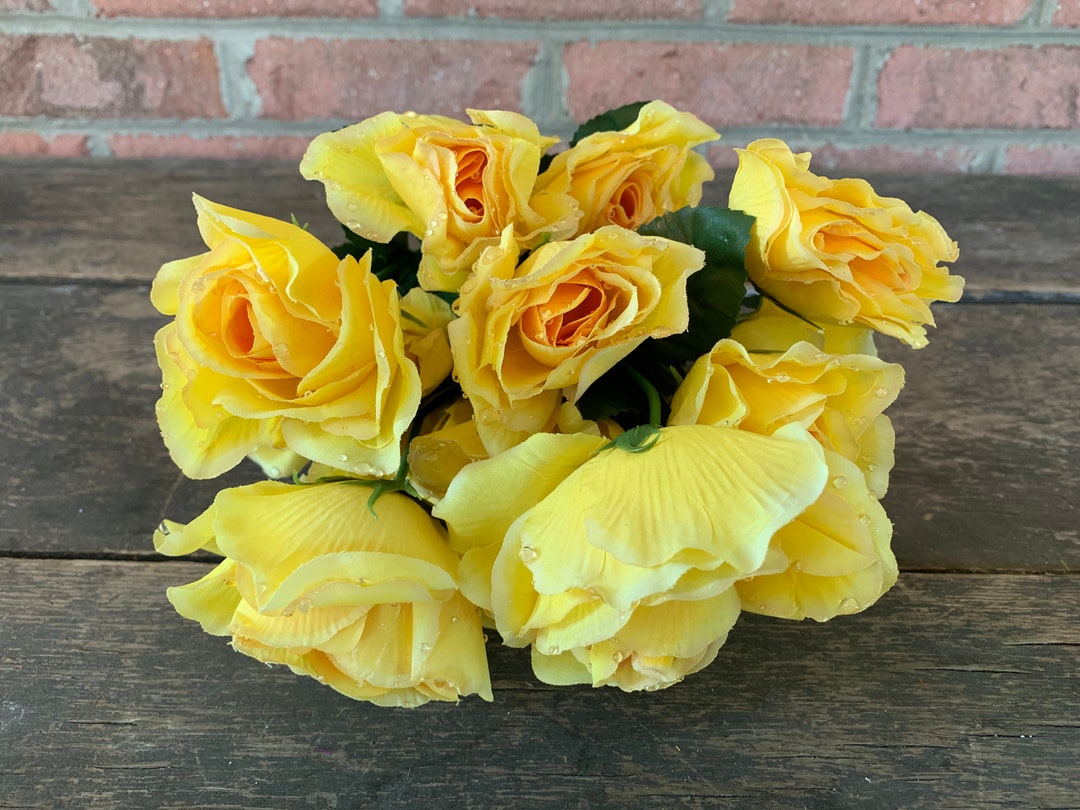 19" Yellow Open Rose Bush X14 With Water Droplets - Artificial Fake ...