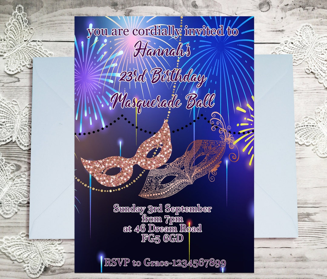 Personalised Masquerade Ball Birthday Party Invitations, Mask Ball ...