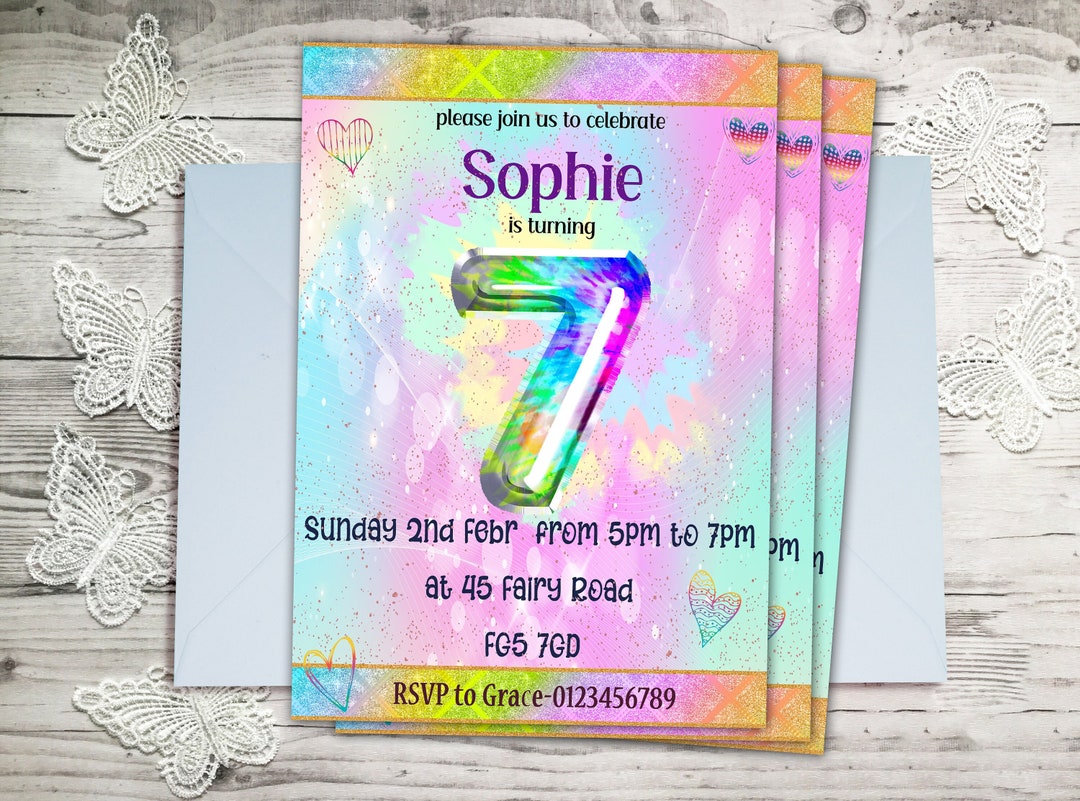 Personalised Doodle Hearts Birthday Party Invitations Rainbow Balloon ...