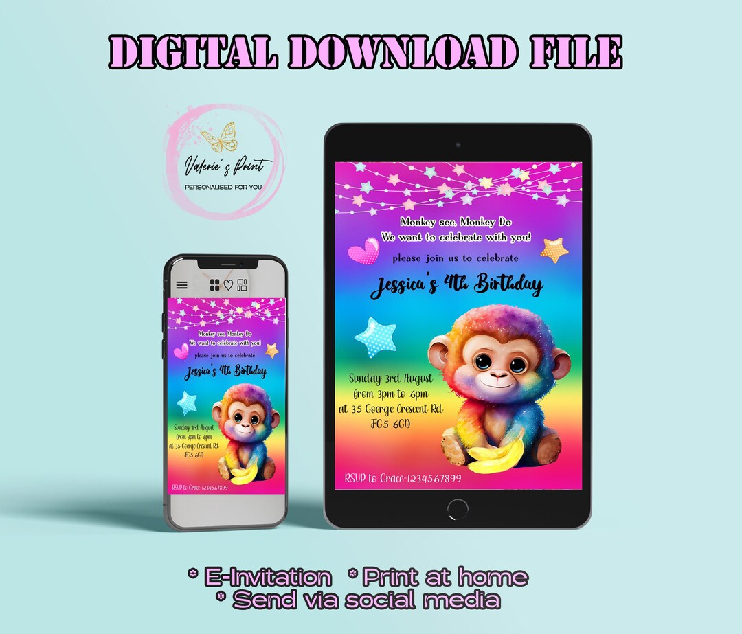 Digital Monkey Birthday Party Invitation, Monkey E-invite, Birthday ...