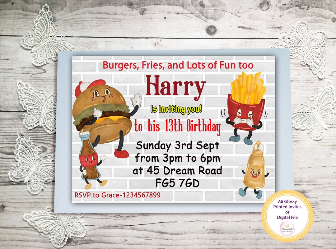 Personalised Fast Food Kids Birthday Party Invitations, Burgers Party ...