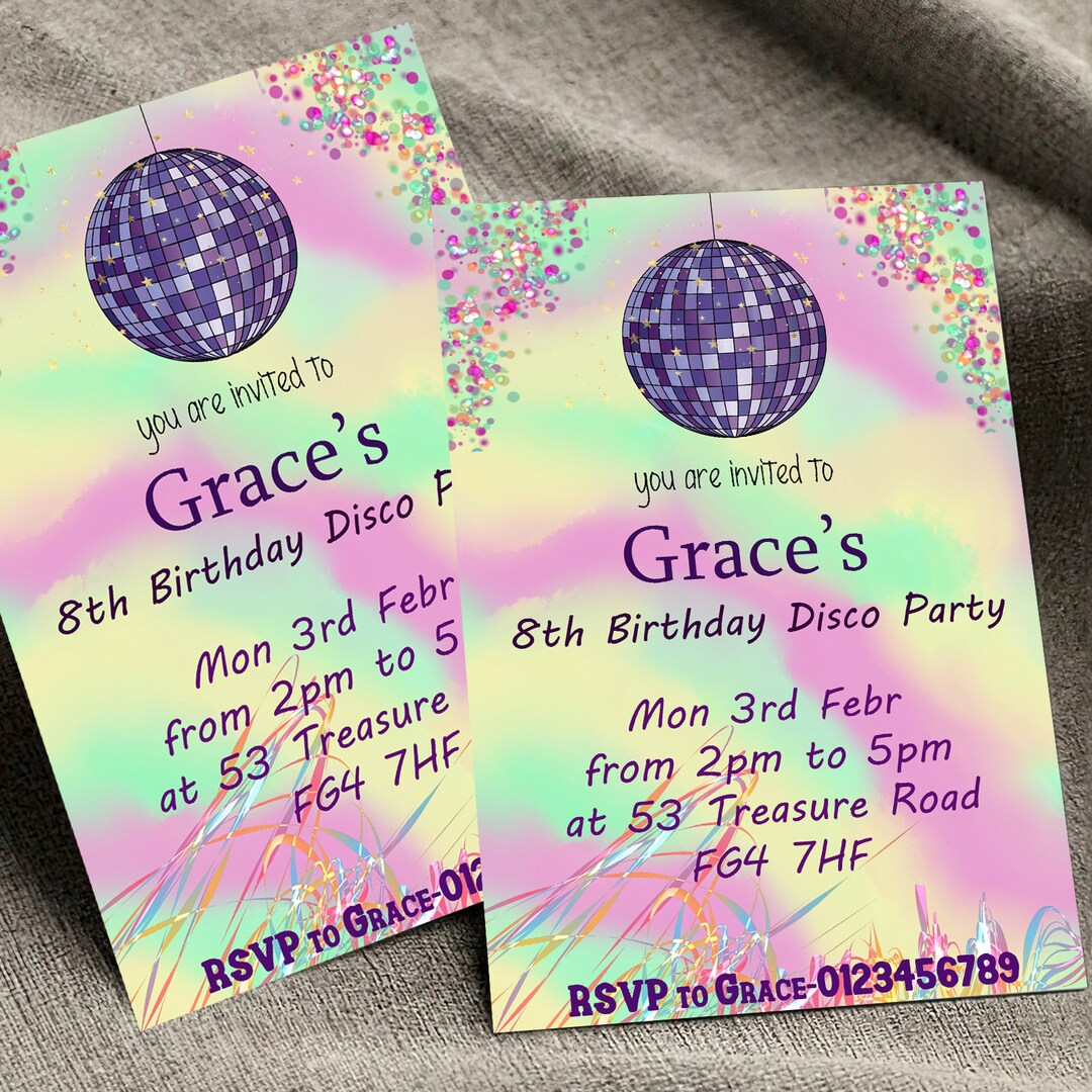 Personalised Disco Party Invitations Purple Disco Ball Girls Invites ...