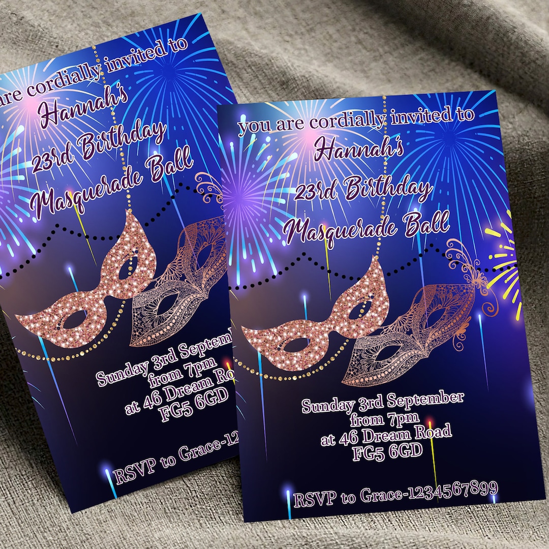 Personalised Masquerade Ball Birthday Party Invitations, Mask Ball ...