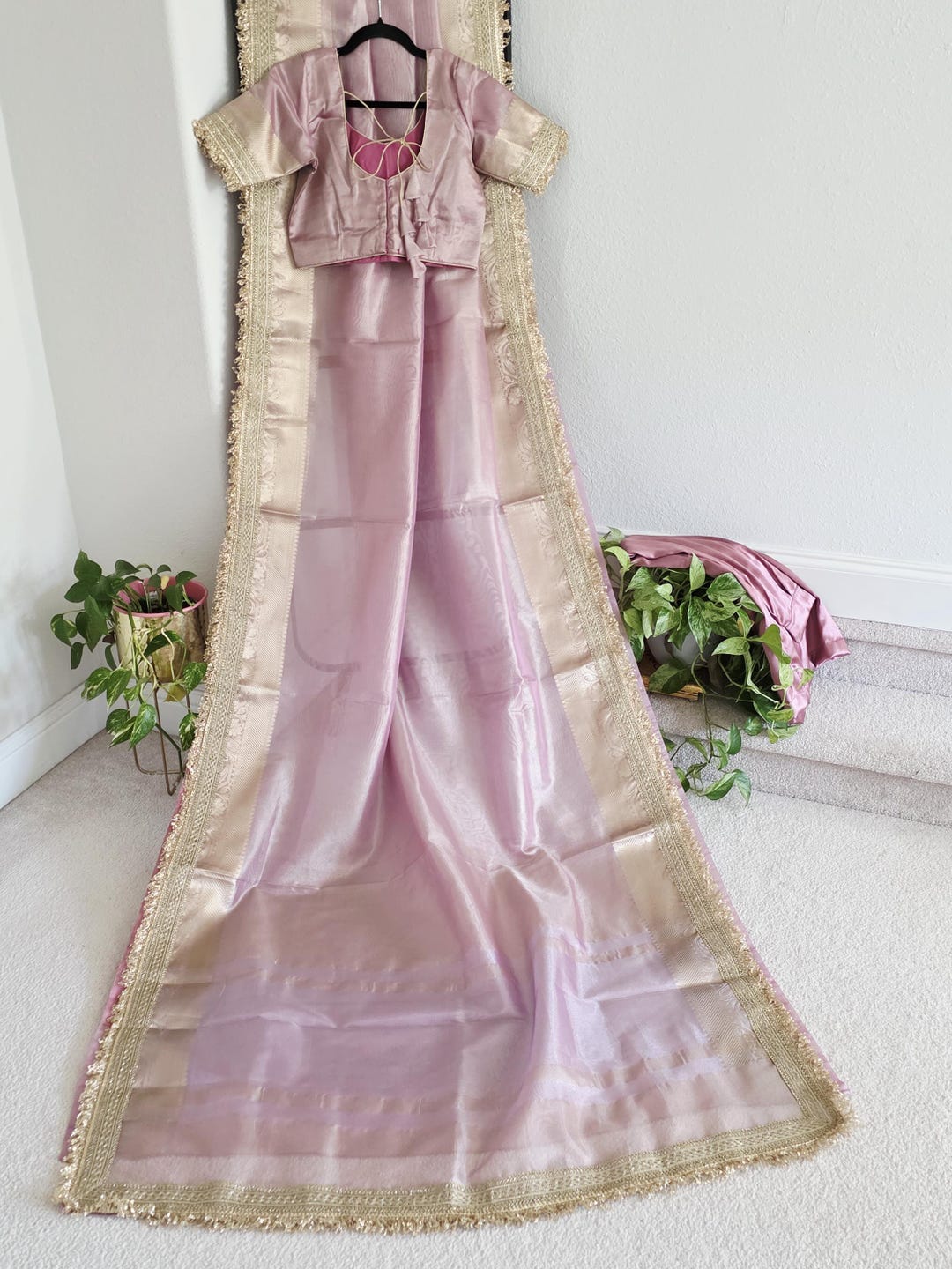 Maharani Style Blush Pink Semi Tissue Saree With Stitched Blouse ...