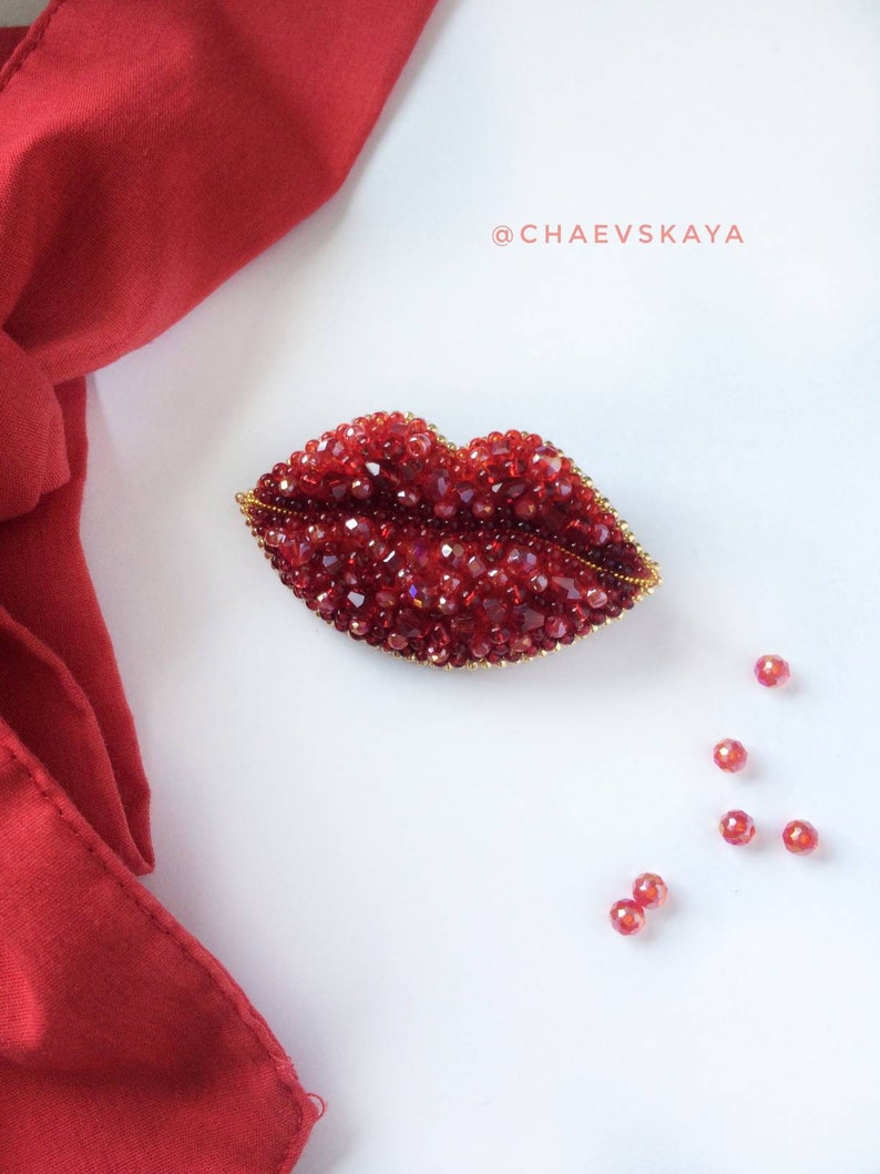 Sparkle Sexy Embroidered Red Kissing Lips Brooch Red Crystal Etsy