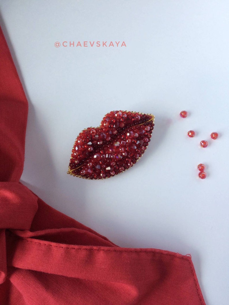 Sparkle Sexy Embroidered Red Kissing Lips Brooch Red Crystal Etsy