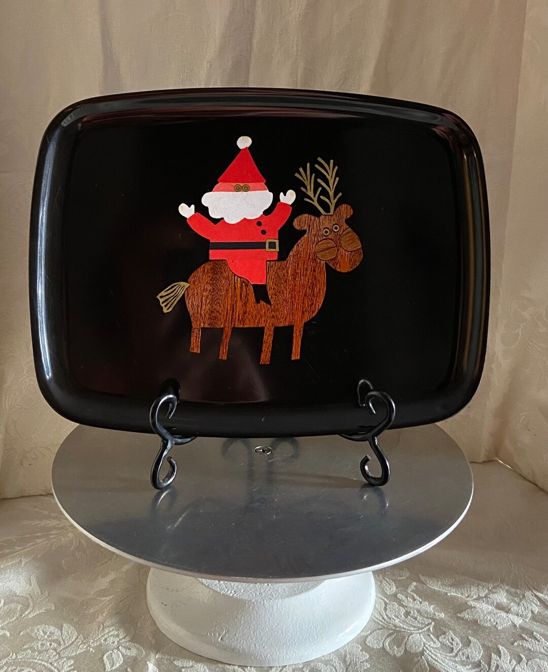 MCM Holiday Santa Riding a Reindeer Tray With Inlaid Wood, Made in ...