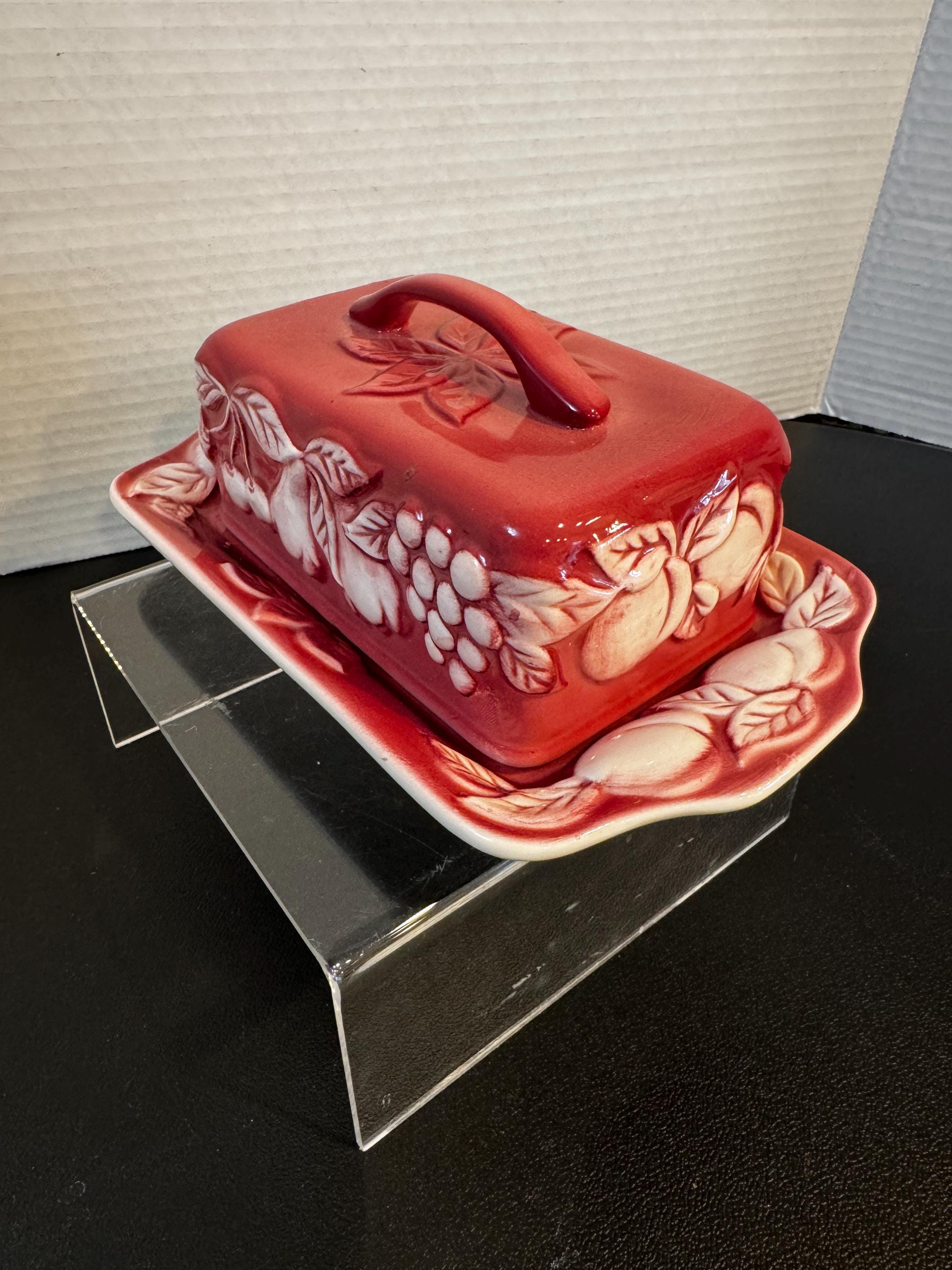 Red Butter Dish With Fruit Embossed Around the Top and Bottom Plate ...