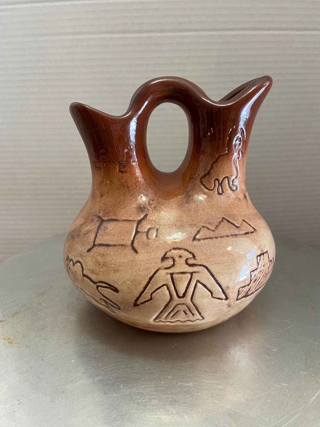 Native American Style Wedding Vase With Dual Spouts and Petroglyphs, 6 ...