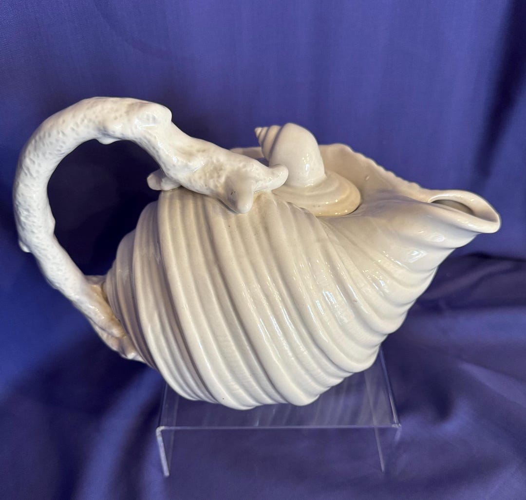 1989 Fitz and Floyd White Seashell Teapot With Coral Handle, Marked on ...