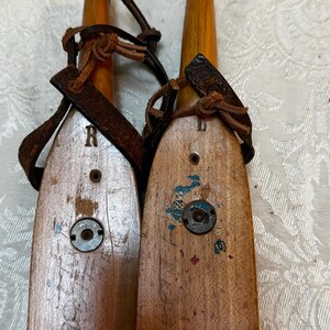 Antique Wooden Ice Skates With Metal Blades and Leather Straps, Marked ...