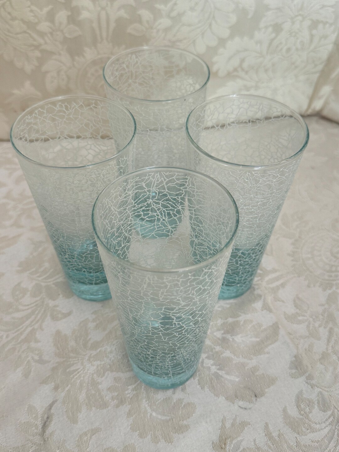 VTG Libby 4 Pale Blue Tall Tumblers With White Crackle/spaghetti String ...