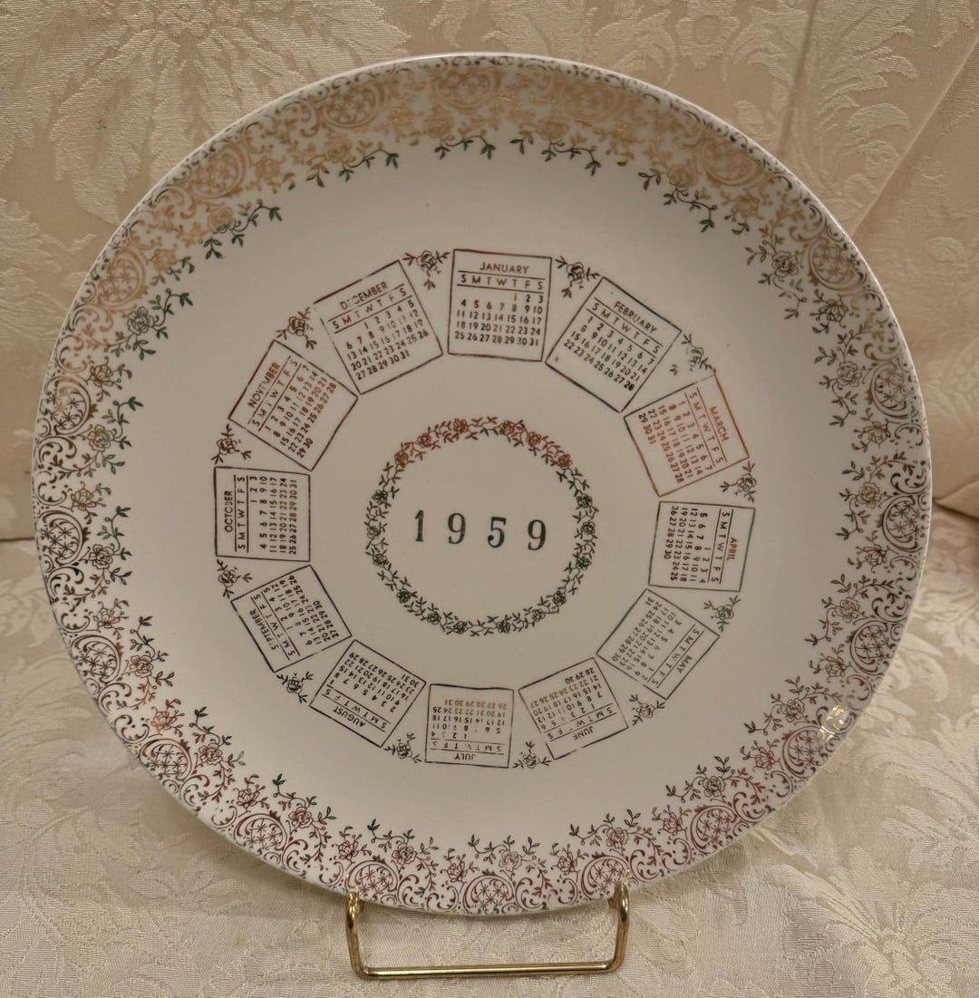 1959 10” Calendar Plate, Cream and Gold - Etsy