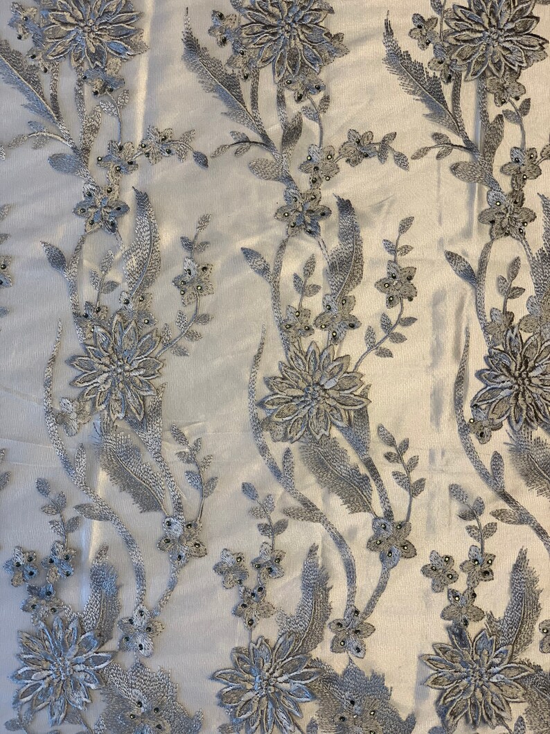 SILVER 3D Flowers Embroider Mesh Lace Fabric by THE Yard//for | Etsy