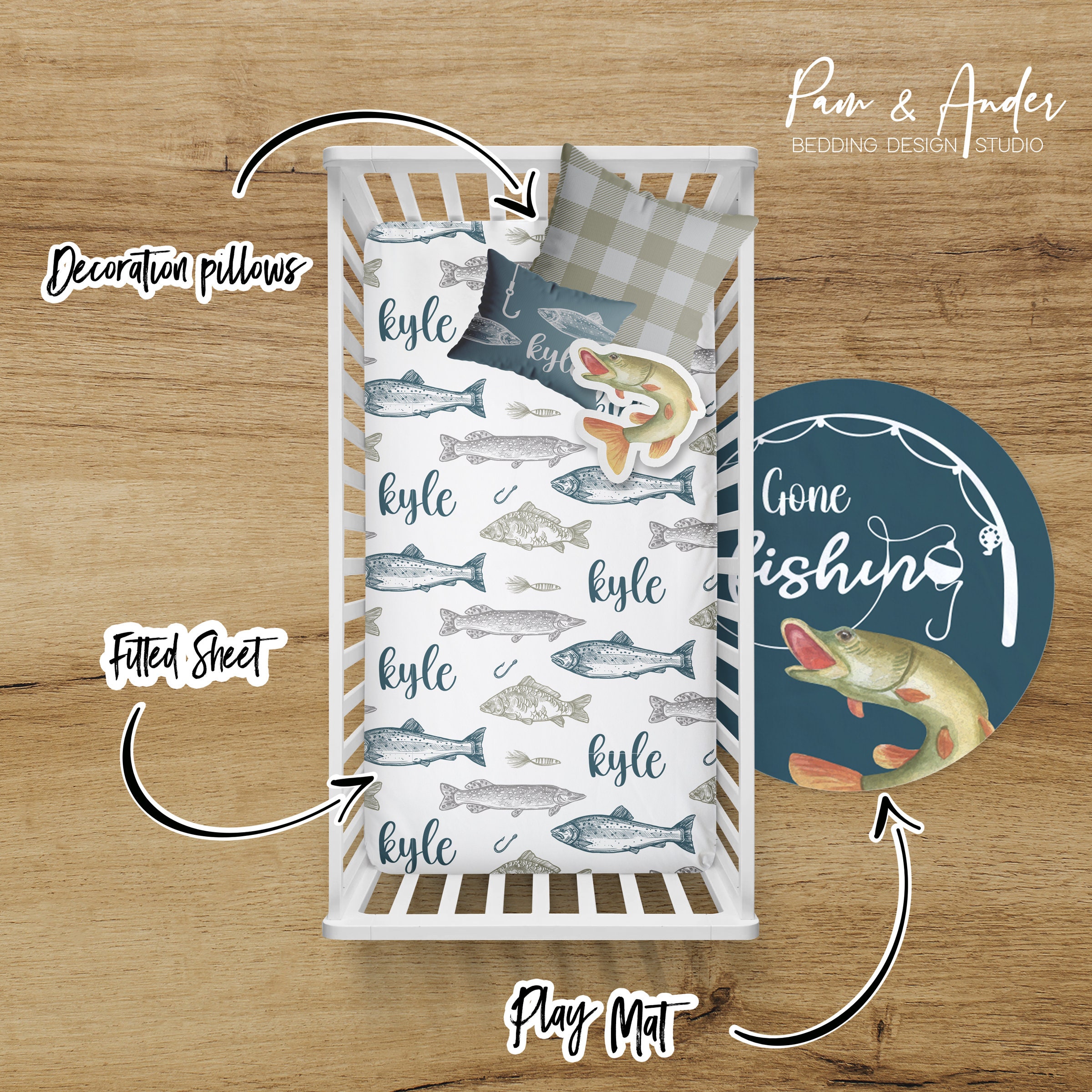 Baby Boy Fishing Crib Bedding Set, Personalized Baby Boy Blanket, Fish ...