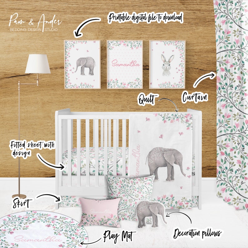 Elephant Crib Set Elephant Girl Bedding Nursery Set Crib - Etsy