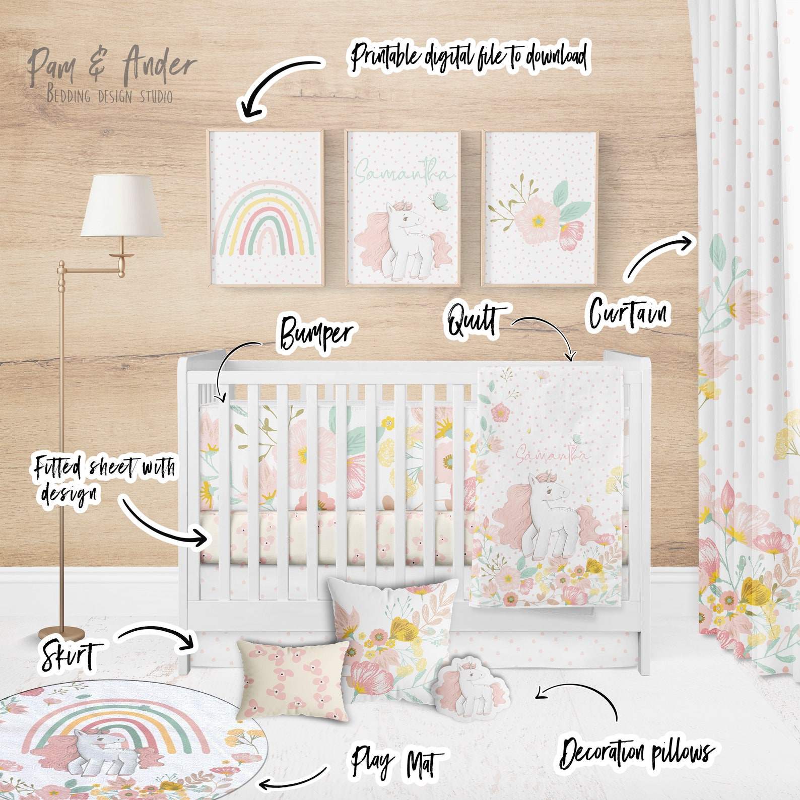 UNICORN BABY BEDDING set rainbow girl nursery Floral baby | Etsy