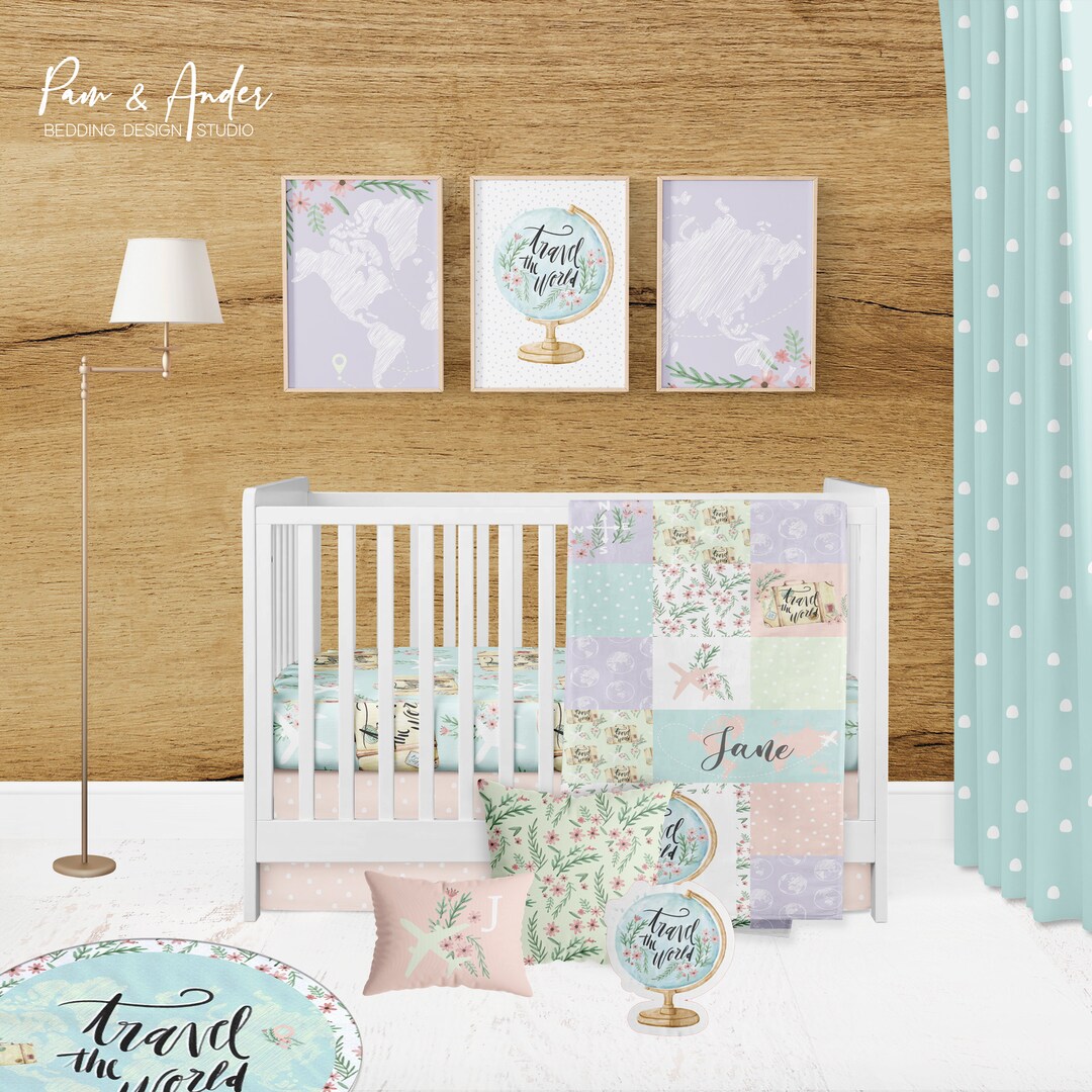 Baby Girl Adventure Crib Bedding Set, Travel Nursery Set, Plane Crib ...