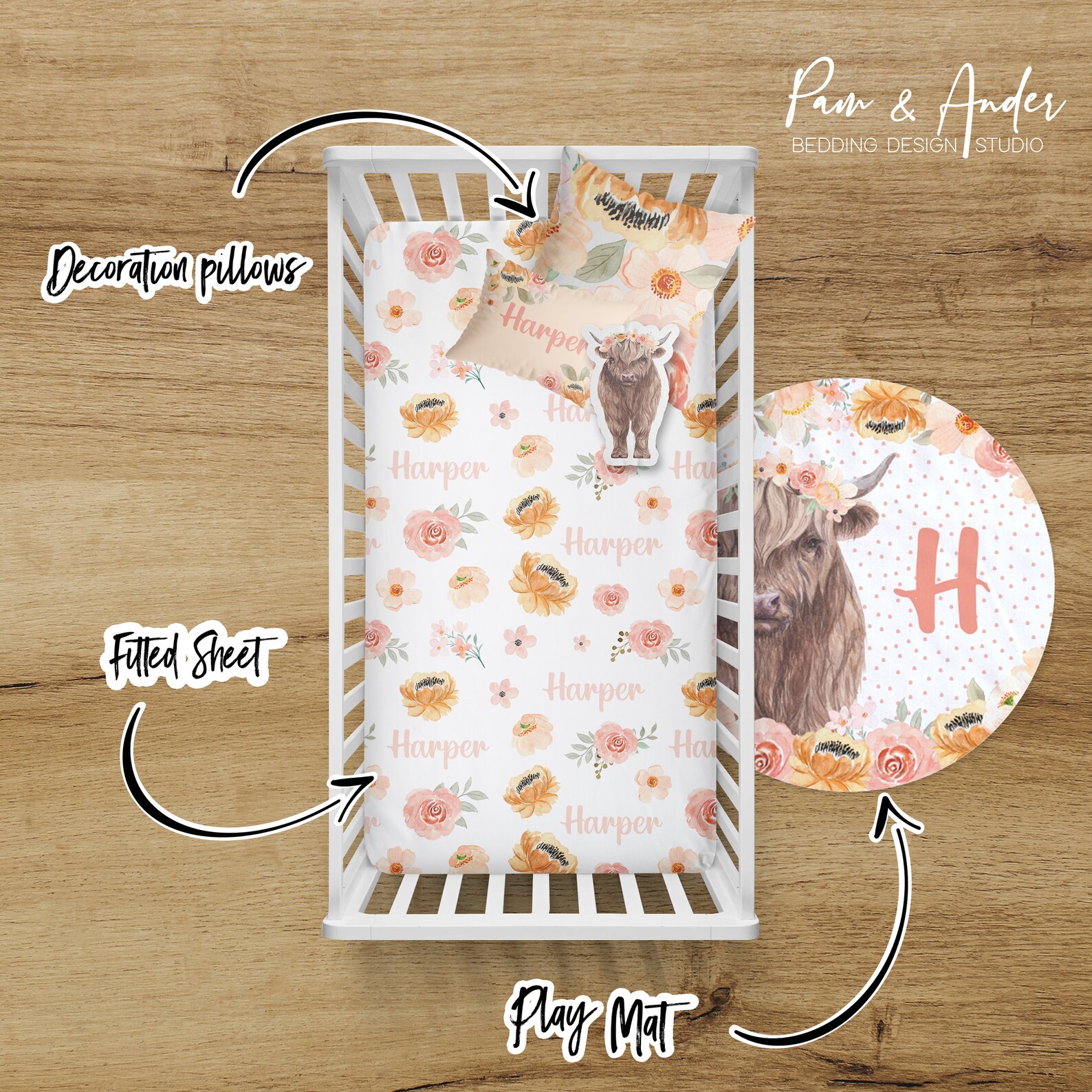 Baby Girl Crib Bedding Set, Highland Cow Crib Bedding, Farmhouse ...