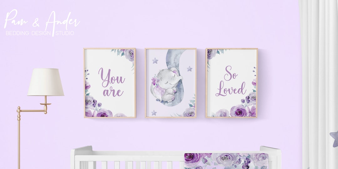 Elefant-Baby-Wand-Kunst-Set, lila digitale Kunst, Elefant-Digital ...