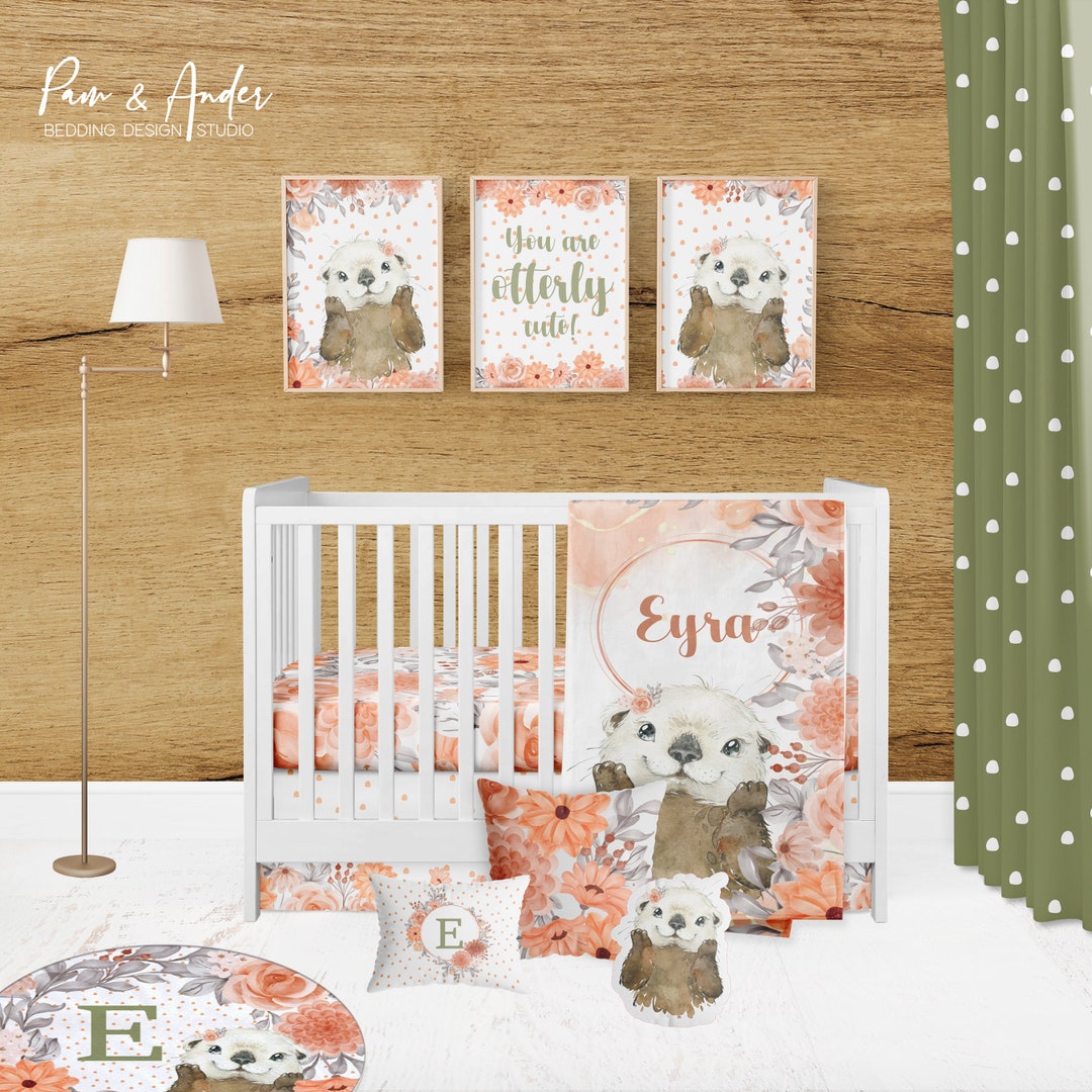 Otter Crib Bedding Set, Personalized Girl Crib Bedding Set, Floral Crib ...