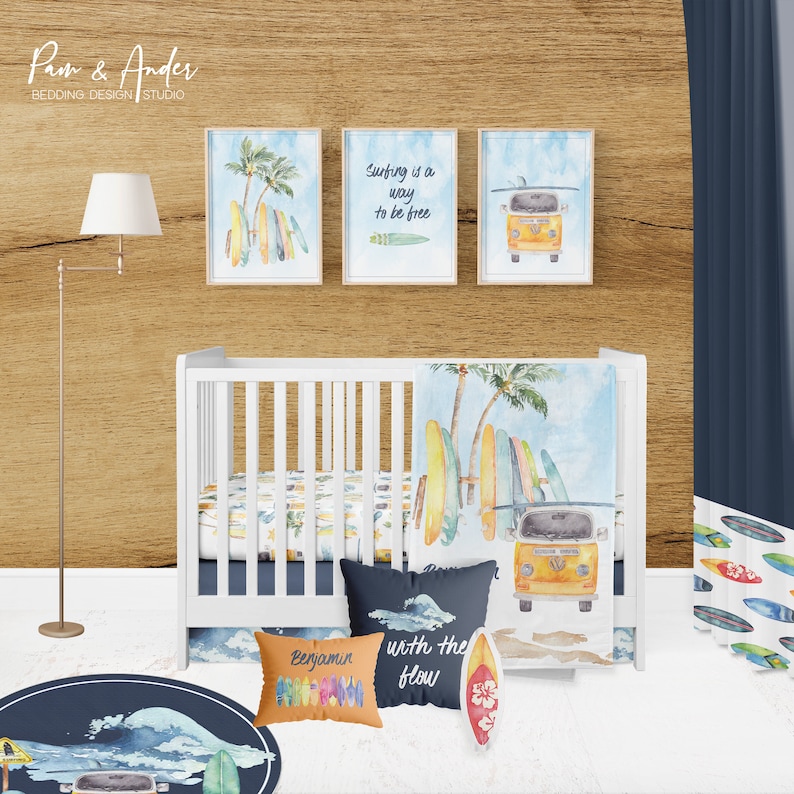 Surf Crib Bedding Set, Surfer Baby Blanket, Personalized Crib Sheet ...