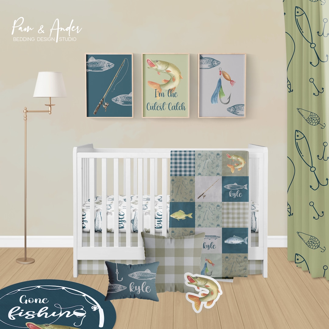 Baby Boy Fishing Crib Bedding Set, Personalized Baby Boy Blanket, Fish ...