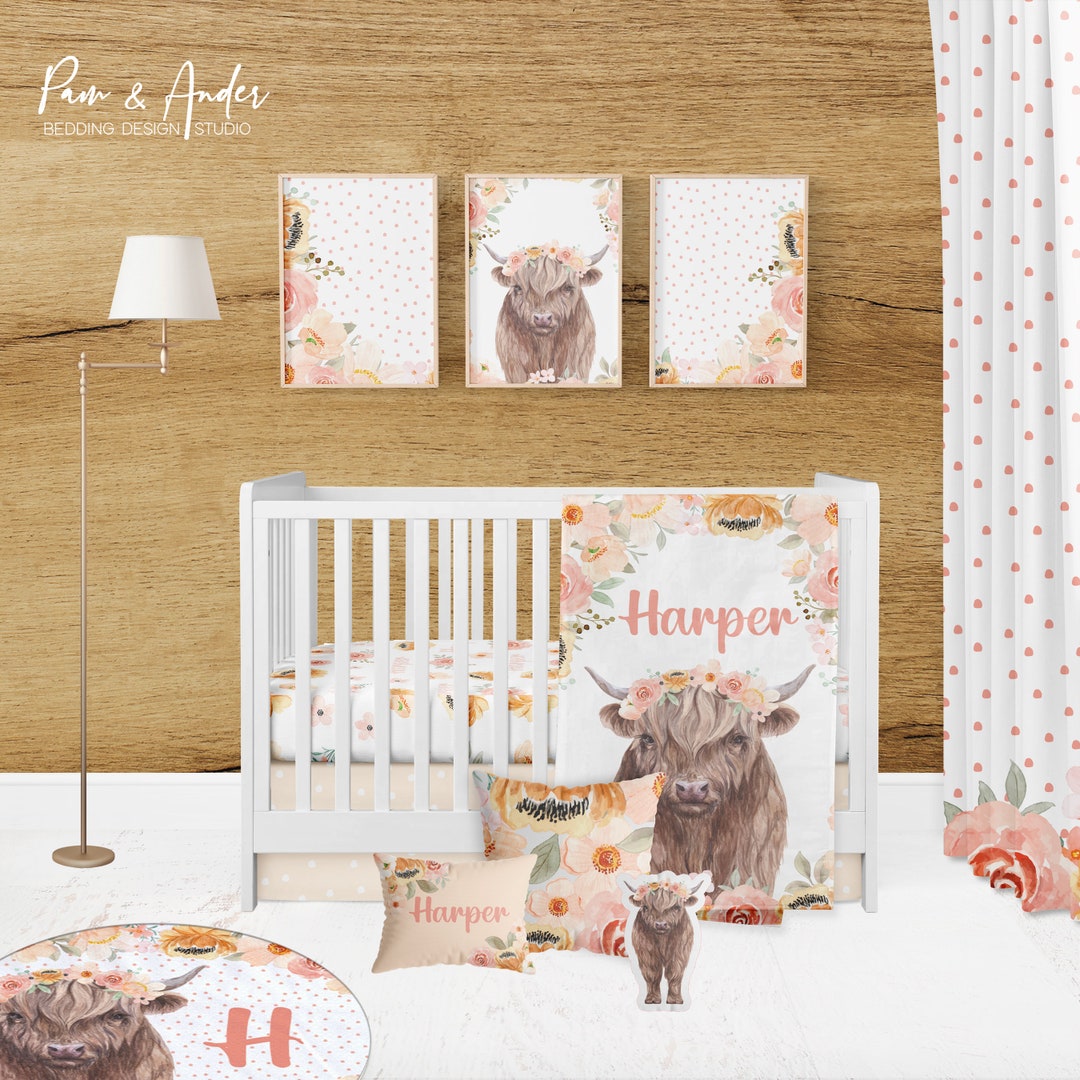 Baby Girl Crib Bedding Set, Highland Cow Crib Bedding, Farmhouse ...
