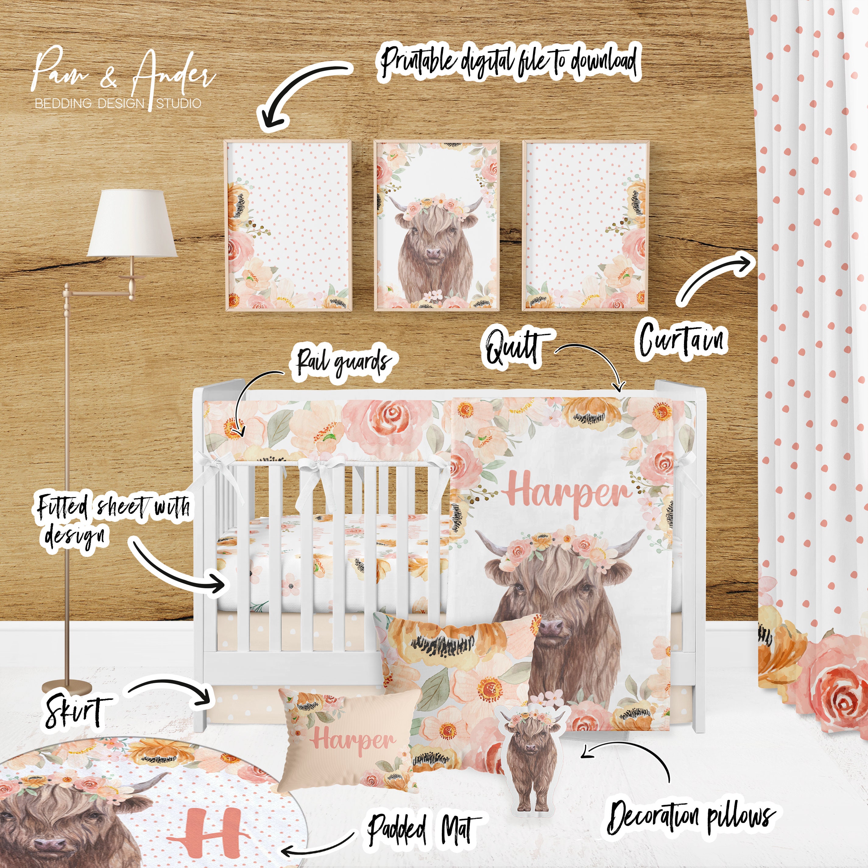 Baby Girl Crib Bedding Set Highland Cow Crib Bedding - Etsy